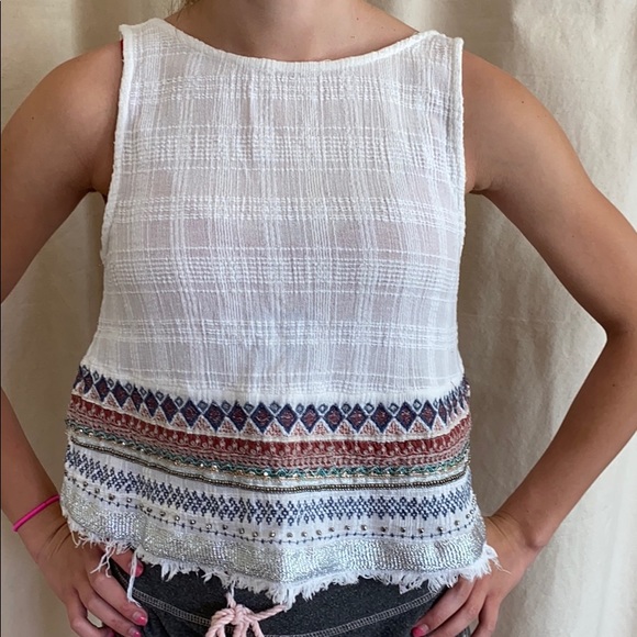 Ecote | Tops | White Top With Patterns At Bottom | Poshmark